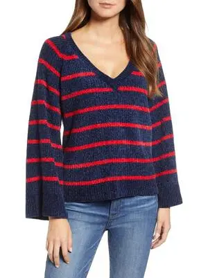 &.LAYERED Stripe V-neck Pullover - Navy/red