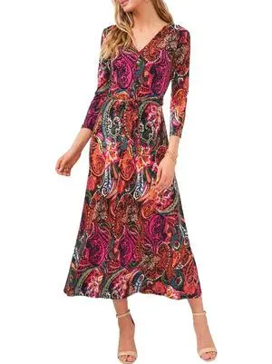 Chaus V-neck Tie Waist Midi Dress - Black/fuschia/rust
