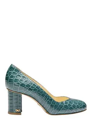 Sarah Flint Round Toe Pump With Block Heel Emerald Green Croc Embossed Calf