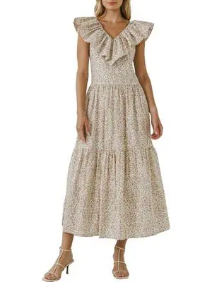 English Factory English Factory Floral Ruffle Tiered Midi Dress Red Multi