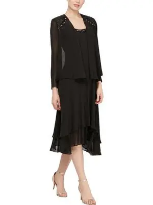 SL FASHIONS Beaded Chiffon Dress With Jacket - Black