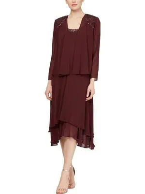 SL FASHIONS Beaded Chiffon Dress With Jacket - Fig