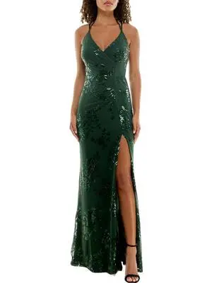 SPEECHLESS Speechless Sequin Ruched Mesh Gown Hunter