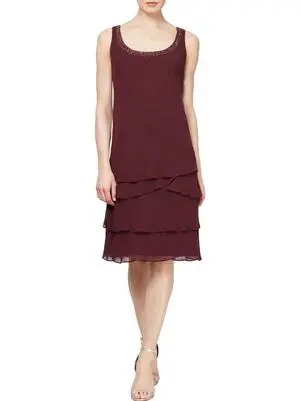 SL FASHIONS Tiered Chiffon Cocktail Dress With Jacket - Fig