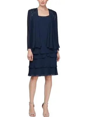 SL FASHIONS Tiered Chiffon Cocktail Dress With Jacket - Navy