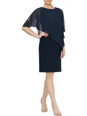 SL FASHIONS Chiffon Overlay Beaded Sheath Dress - New Navy