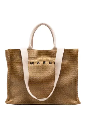 Marni Logo-embroidered Raffia Tote - Brown