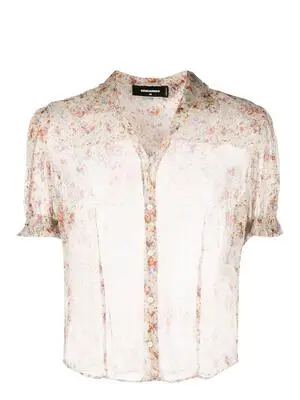 Dsquared2 Sheer Puff-sleeve Floral-print Shirt - Neutrals