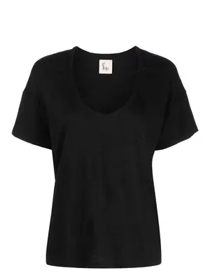 PAULA U-neck Linen T-shirt - Black