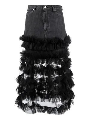 Red Valentino Ruffle Tulle-trim Denim A-line Skirt - Black