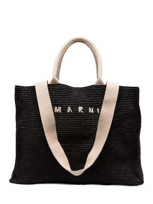 Marni Logo-embroidered Raffia Tote Bag - Black