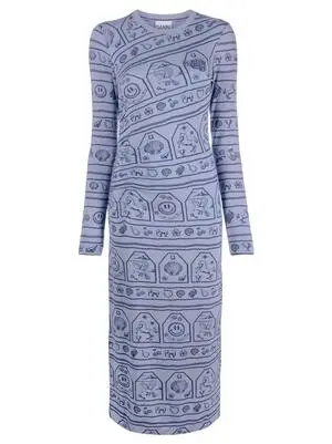 GANNI Zodiac Logo-print Stretch-jersey Dress - Blue
