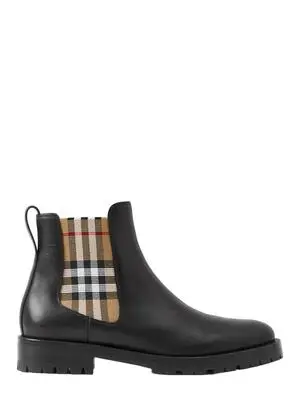 Burberry Check Panel Leather Chelsea Boots - Black