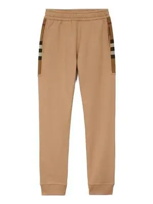 Burberry Check Panel Cotton Blend Jogging Pants Camel