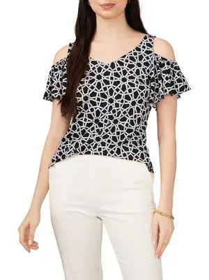 Chaus V-neck Cold Shoulder Top - Black/ivory 003