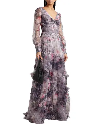 Marchesa Floral Appliquéd Printed Organza Gown - Lilac