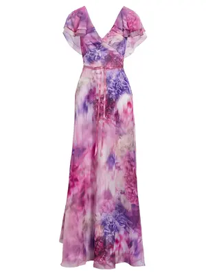Marchesa Floral-print Chiffon Gown - Lavender