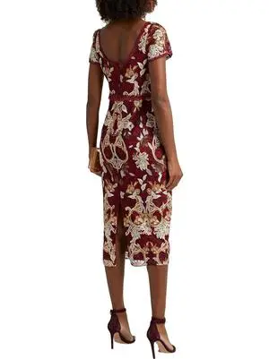 Marchesa Embroidered Tulle Midi Dress - Claret