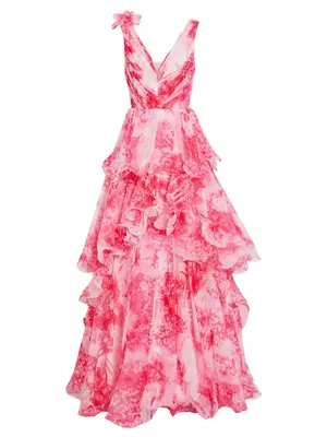 Marchesa Tiered Printed Chiffon Gown - Pink