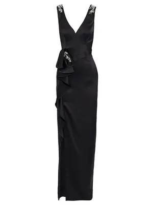 Marchesa Embellished Ruffled Satin-crepe Gown - Black
