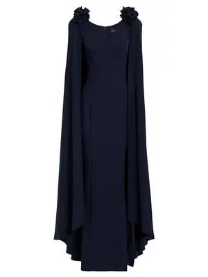 Marchesa Cape-effect Floral-appliquéd Gown - Navy