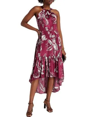 Marchesa Gathered Printed Satin Midi Dress Claret