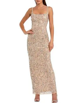 Mac Duggal Scoop Neck Sequined Gown - Nude Silver