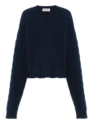 Miu Miu Cable Knit Cashmere V-neck Jumper - Blue