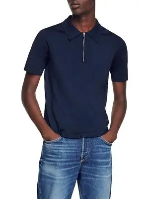 Sandro Knitted Polo Shirt With Zip Collar - Navy Blue