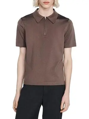 Sandro Knitted Polo Shirt With Zip Collar - Taupe