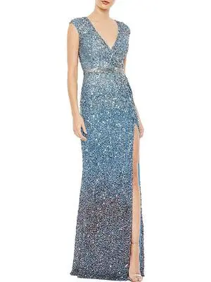 Mac Duggal Sequin Cap Sleeve Gown - Blue Ombre