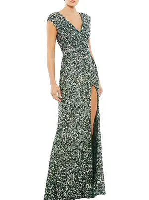 Mac Duggal Sequin Cap Sleeve Gown - Forest Green