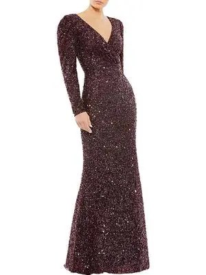 Mac Duggal Mac Duggal Sequin Faux Wrap Gown Mahogany