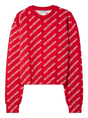 Balenciaga Intarsia-Knit Cropped Sweater Red