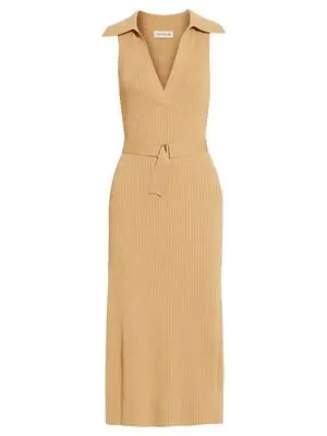 NICHOLAS Belted Ribbed Knit Midi Dress - Beige
