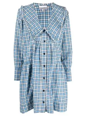 GANNI Check-print Gathered Mini Dress - Blue