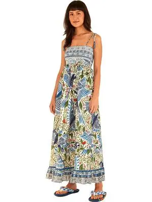 Farm Rio Macaw Flight Smocked Maxi Dress - Off-white Macaw Flight