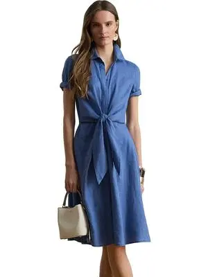 Ralph Lauren Tie-Front Linen Shirt Dress Carson Blue