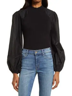 ALLSAINTS Cleo Mixed Media Balloon Sleeve Cotton Blend Blouse - Black