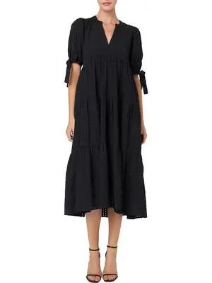 English Factory Gingham Tiered Midi Dress - Black