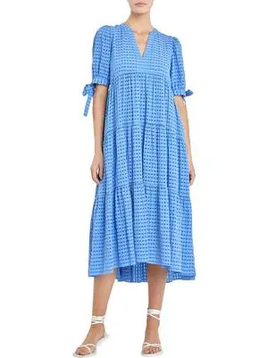 English Factory Gingham Tiered Midi Dress - Cobalt