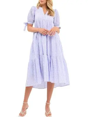 English Factory Gingham Tiered Midi Dress - Lavender