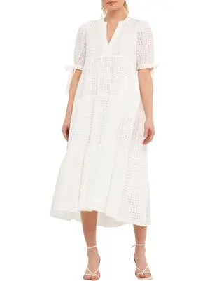 English Factory Gingham Tiered Midi Dress - White