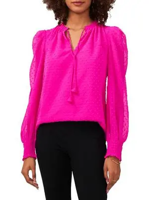 Chaus Swiss Dot Tie Neck Blouse - Fuchsia Pink
