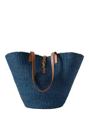 Saint Laurent Panier Medium Leather-trimmed Raffia Tote Bag Navy