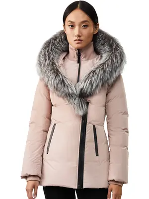 Mackage Down Coat With Silver Fox Fur Signature Collar Petal