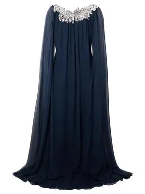 Oscar De La Renta Cape-effect Embellished Silk-chiffon Gown - Blue