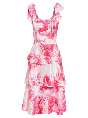 Marchesa Bow-embellished Tiered Printed Satin Dress - Pink