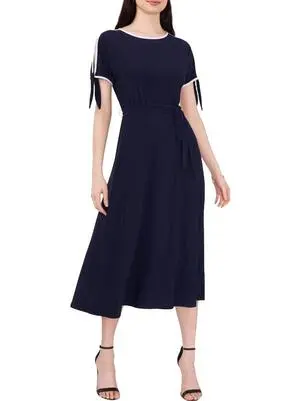 Chaus Tie Sleeve Midi Fit & Flare Dress Navy/white