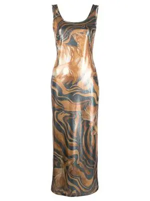 Alberta Ferretti Metallic Swirl Print Round Neck Midi Dress - Grey
